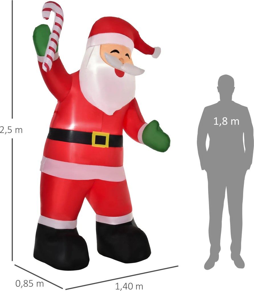 HOMCOM Nafukovací Santa Claus s LED osvětlením, včetně ventilátoru, upevňovacích lan, hřebíků do země, pytlů s pískem, 140cm x 85cm x 250cm