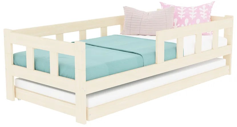Benlemi Dřevěná jednolůžková postel FENCE 4v1 se zábranou a přistýlkou Zvolte barvu: Béžová, Zvolte rozměr: 80x160 cm, Zvolte zábranu: S jednou zábranou