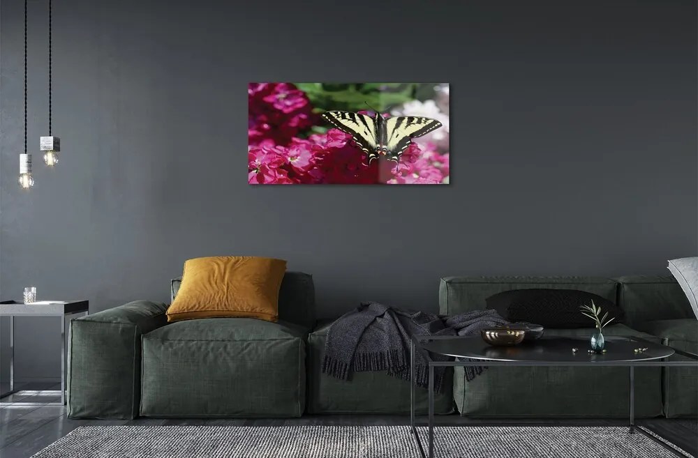 Obraz na skle květiny motýl 100x50 cm
