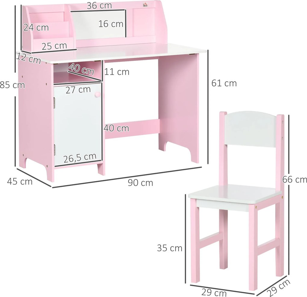 HOMCOM Dětský dřevěný stůl a židle se školní tabulí pro děti od 5 let, psací stůl 90x45x85 cm Růžová