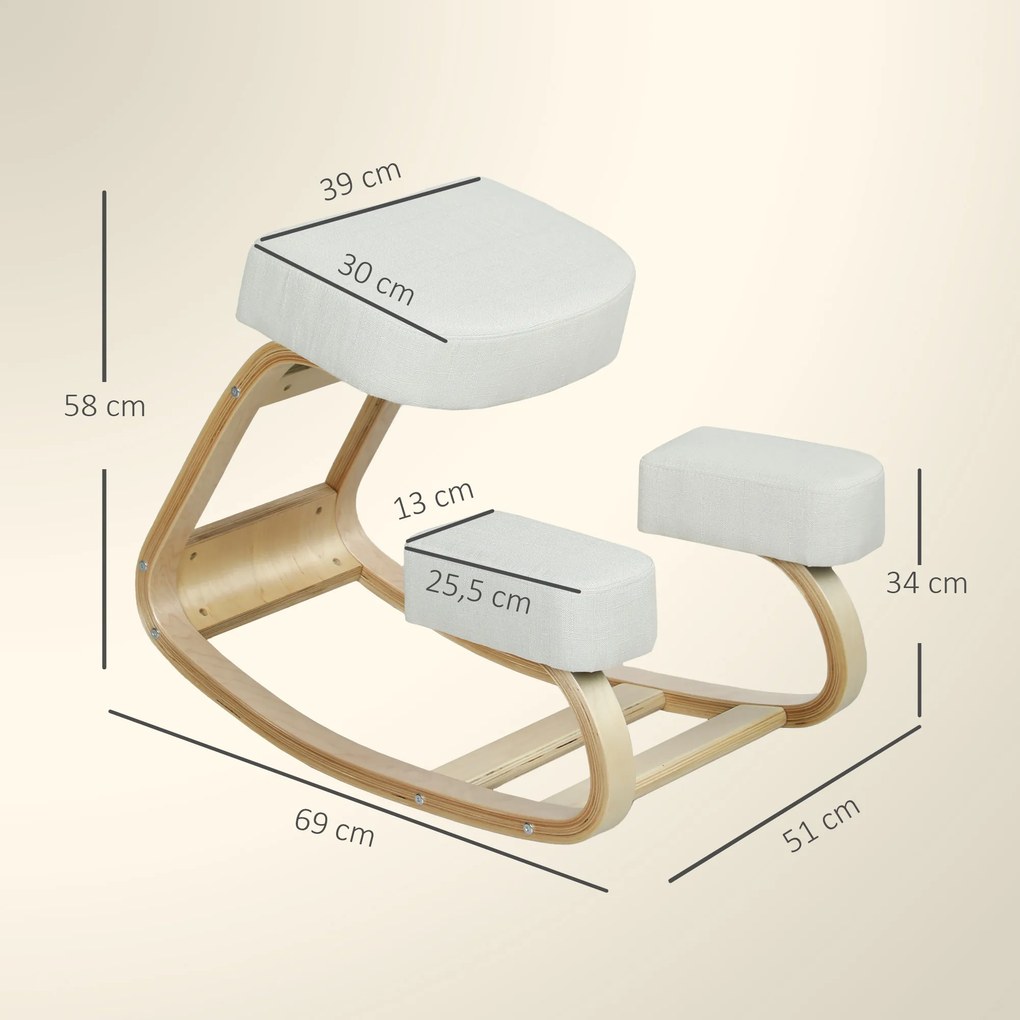 Vinsetto Kolenní židle, ergonomická posezení, polstrovaný stolek pro zdravé sezení, březové dřevo, nosnost 120 kg, krémově bílá