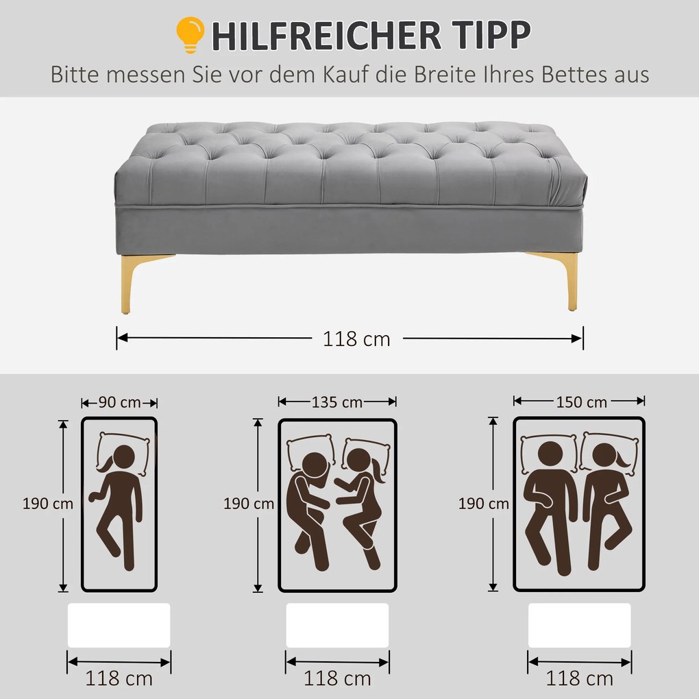 HOMCOM Lavice k posteli Lavice na boty se zvýšenými nohami ze sametu ve světle šedé barvě 118x45x42cm do ložnice a předsíně | Aosom.de