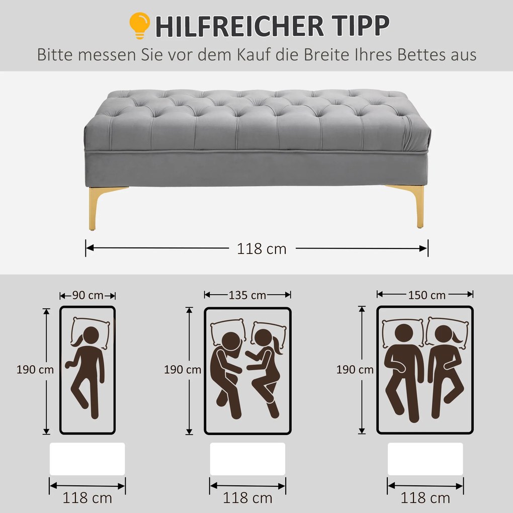 HOMCOM Lavice k posteli Lavice na boty se zvýšenými nohami ze sametu ve světle šedé barvě 118x45x42cm do ložnice a předsíně