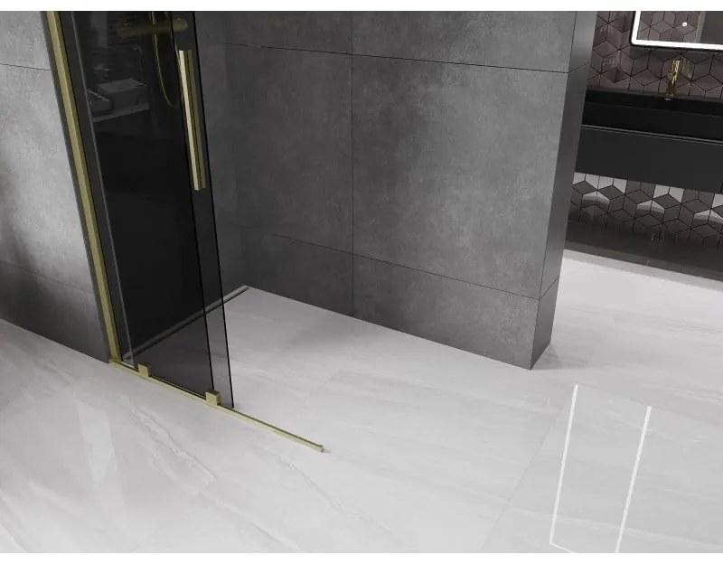 Mexen Velar, sprchová zástěna s posuvnými dveřmi Walk-in 90 x 200 cm, 8mm šedé sklo, zlatá matná, 871-090-000-43-55