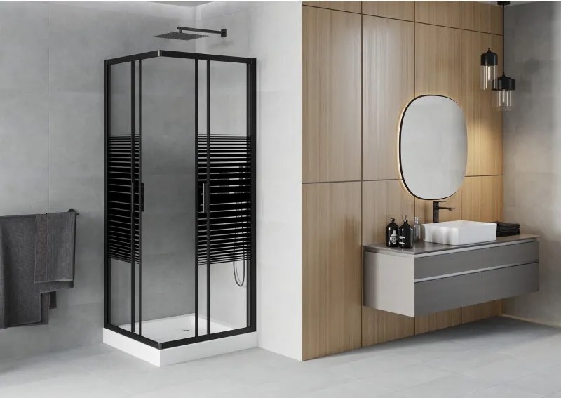 Mexen Rio, čtvercový sprchový kout s posuvnými dveřmi 70 (dveře) x 70 (dveře) x 190 cm, 5mm čiré sklo s pásky, černý profil + bílá sprchová vanička RIO, 860-070-070-70-20-4510