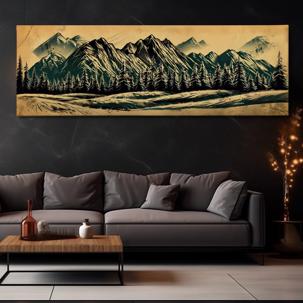 Obraz na plátně - Smrkové lesy s horami vintage FeelHappy.cz Velikost obrazu: 180 x 60 cm