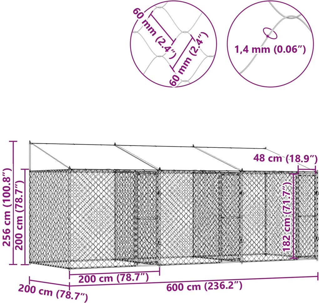 Psí klec s střechou Stříbrná 600 x 200 x 256 cm Ocel a PE 3368299