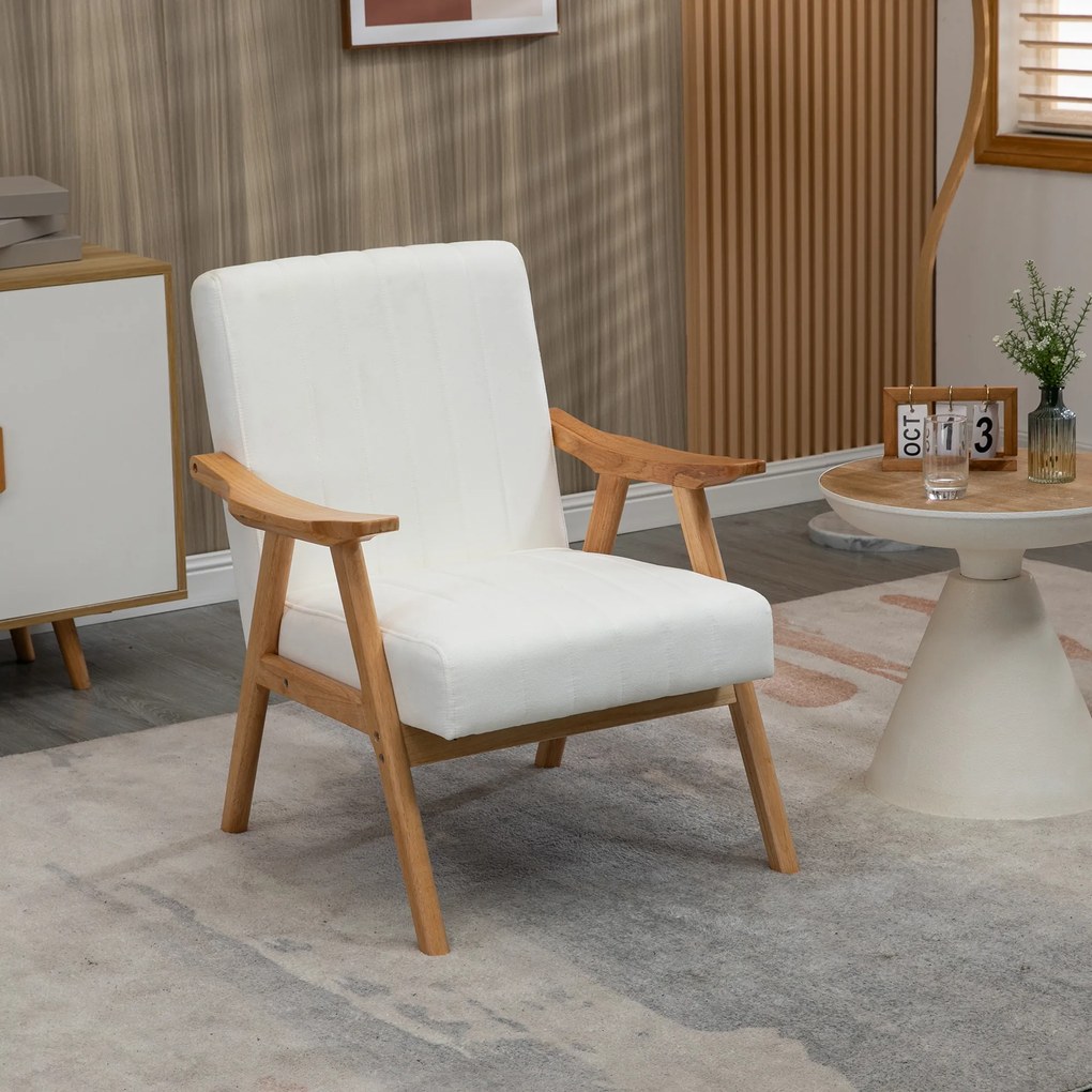 HOMCOM čalouněné křeslo lounge chair v sametovém vzhledu s područkami, design Scandi, krémová, 68x74x82cm