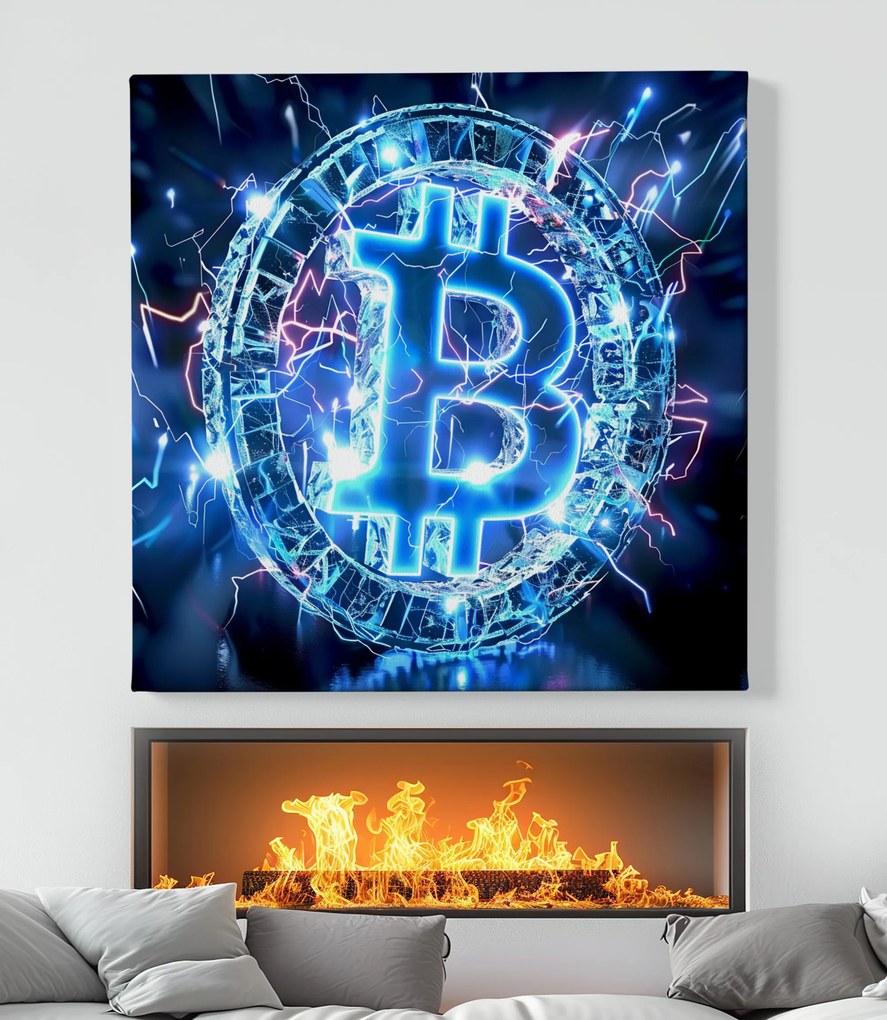 Obraz na plátně - Bitcoin, modré zářící logo FeelHappy.cz Velikost obrazu: 100 x 100 cm