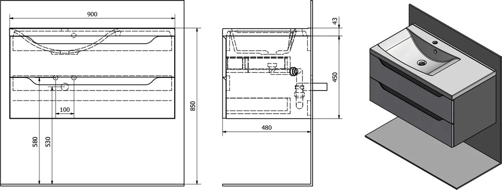 Sapho Sapho, Koupelnový set WAVE 90, levá, bílá/dub Alabama, KSET-053