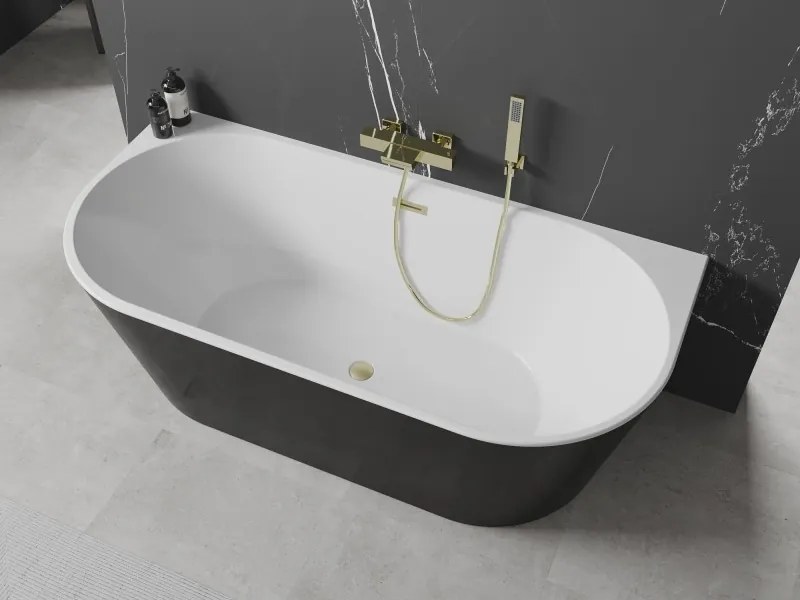 Mexen Oval, volně stojící nástěnná vana 180 x 80 cm, bílá-černá, zlatý matný přepad, 52671808075-55