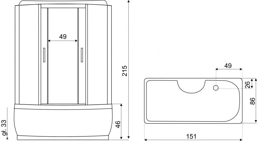 Aplomo Xelo 151x86x215 masážní sprchový box s vanou