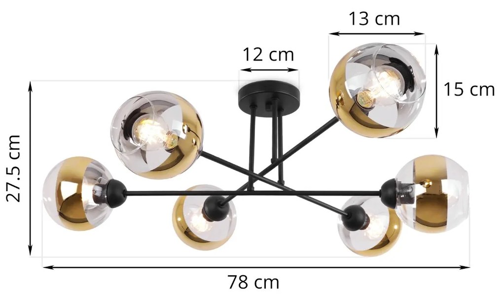 Stropní svítidlo Asturia, 6x zlaté/transparentní skleněné stínítko, B