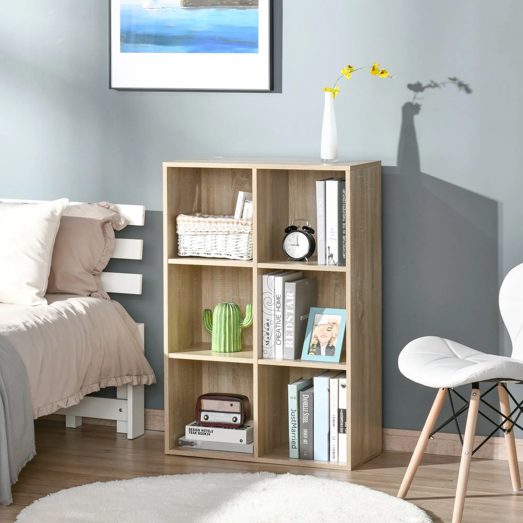 HOMCOM Knihařský regál se 3 policemi a 6 úložnými boxy do obývacího pokoje, ložnice, kanceláře 65,5x30x97,5 cm Dub