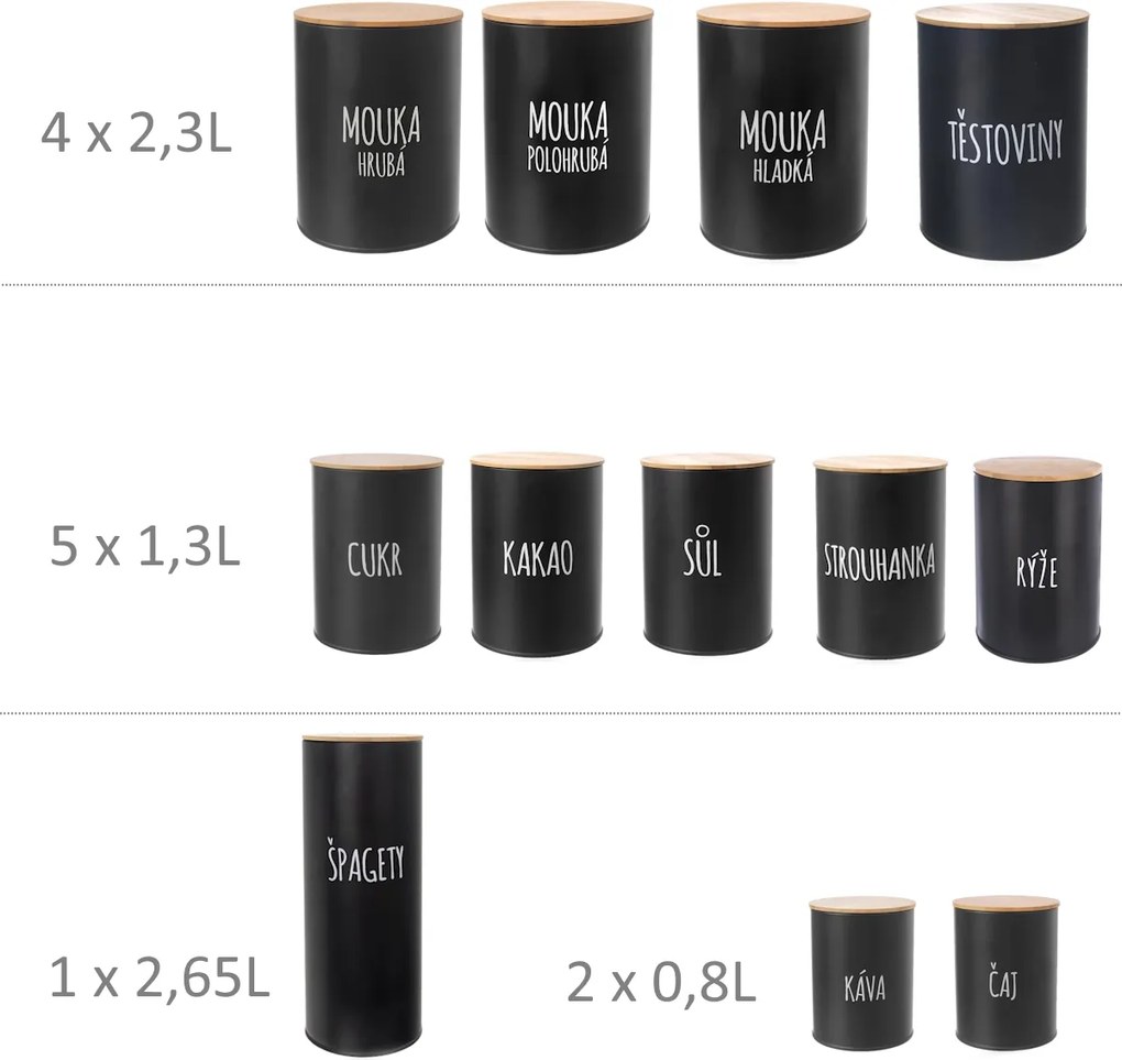 Orion Sada 12ks plechových dóz na potraviny, černé s nápisem, s bambusovým víkem SADA