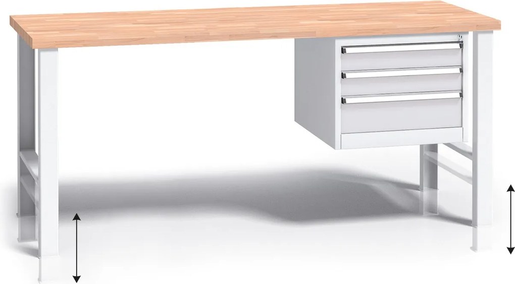 Výškově nastavitelný pracovní stůl do dílny G3 se závěsným boxem na nářadí, buková spárovka, 3 zásuvky, 1700 x 685 x 840 - 1050 mm, šedá