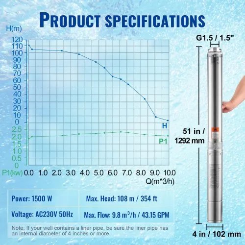 Hlubinné ponorné čerpadlo Vodní čerpadlo z nerezové oceli 1500 W 9,8 m³/h 108 m