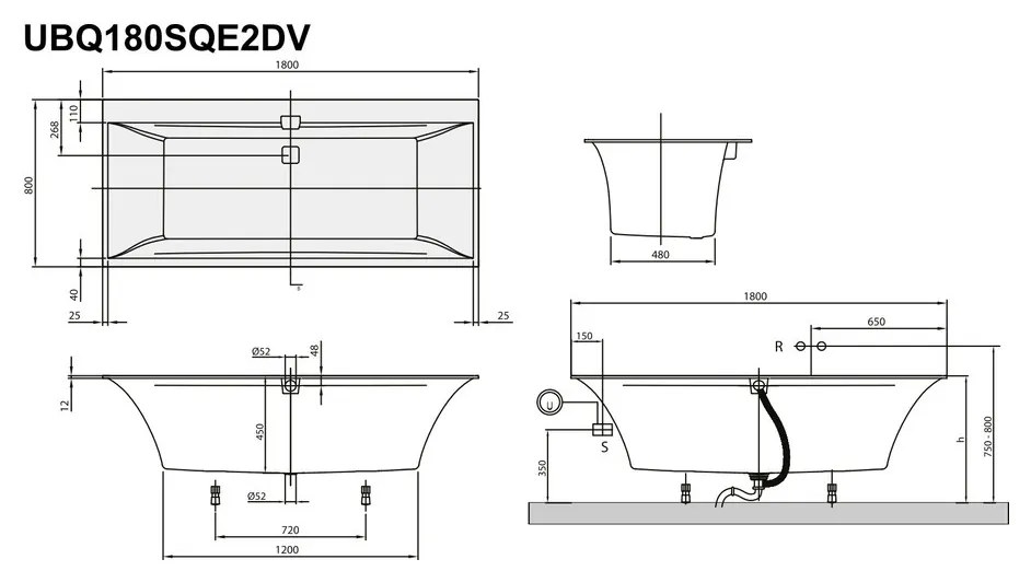 Villeroy & Boch Villeroy Boch Square EDGE 12 Duo: Vana 1800x800 mm, Quaryl, včetně nohou (samolepicí), odpadu a přepadu, bílá Alpin UBQ180SQE2DV-01