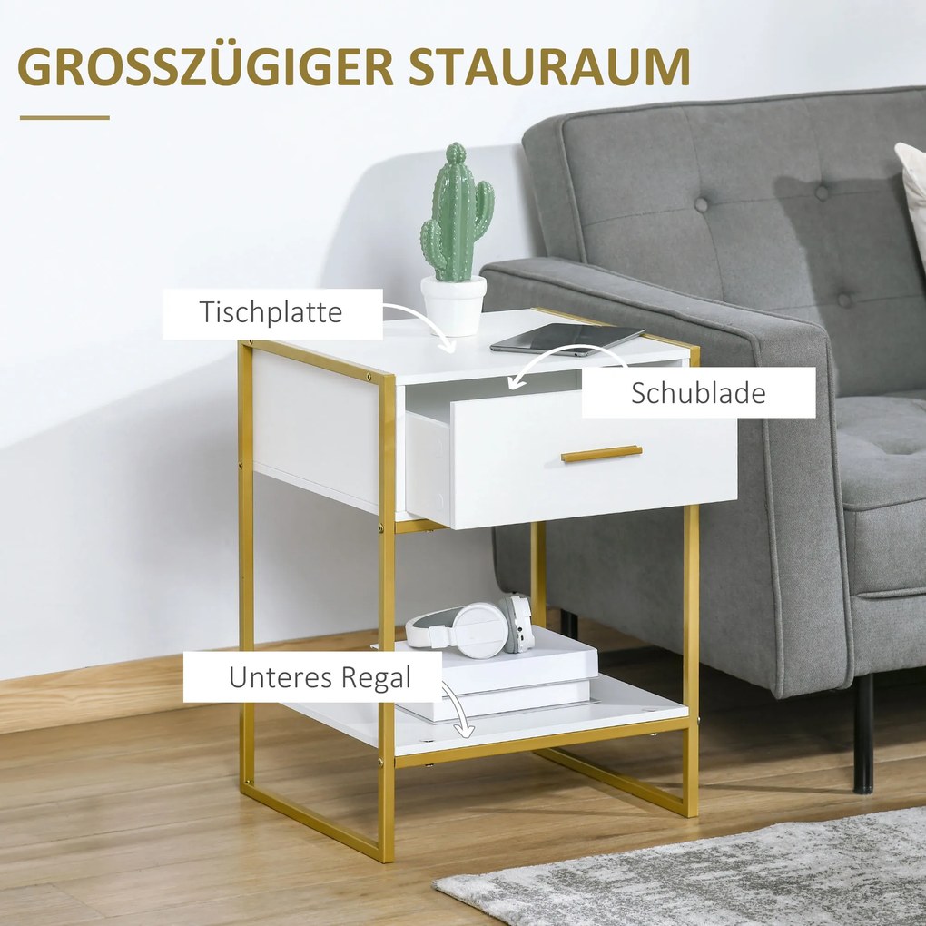 HOMCOM Sada 2 Moderních Nočních Stolků, 2 Noční Stolky do Ložnice a Obývacího Pokoj, s Šuplíkem a Otevřenou Policí, Moderní Design, MDF a Ocel, 45x40…