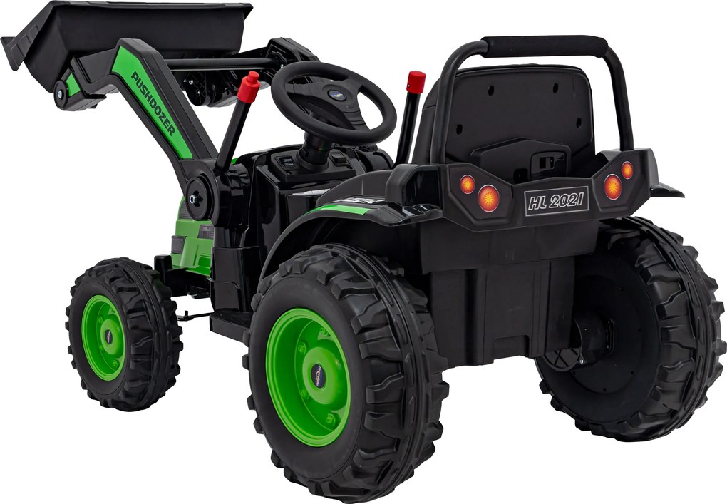Ramiz Dětský bagr-traktor na baterie zelený + pohyblivé rameno s lžící + dálkové ovládání + pomalý start + FM rádio + LED