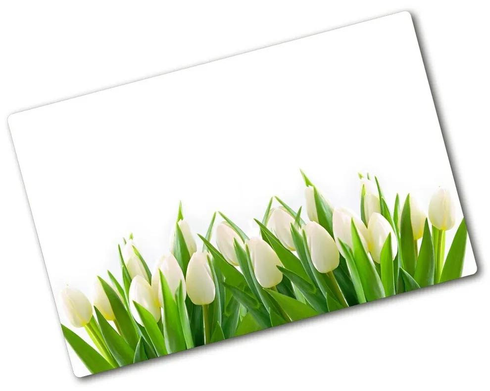 Wallmuralia Deska na krájení skleněná Bílé tulipány 80x52 cm