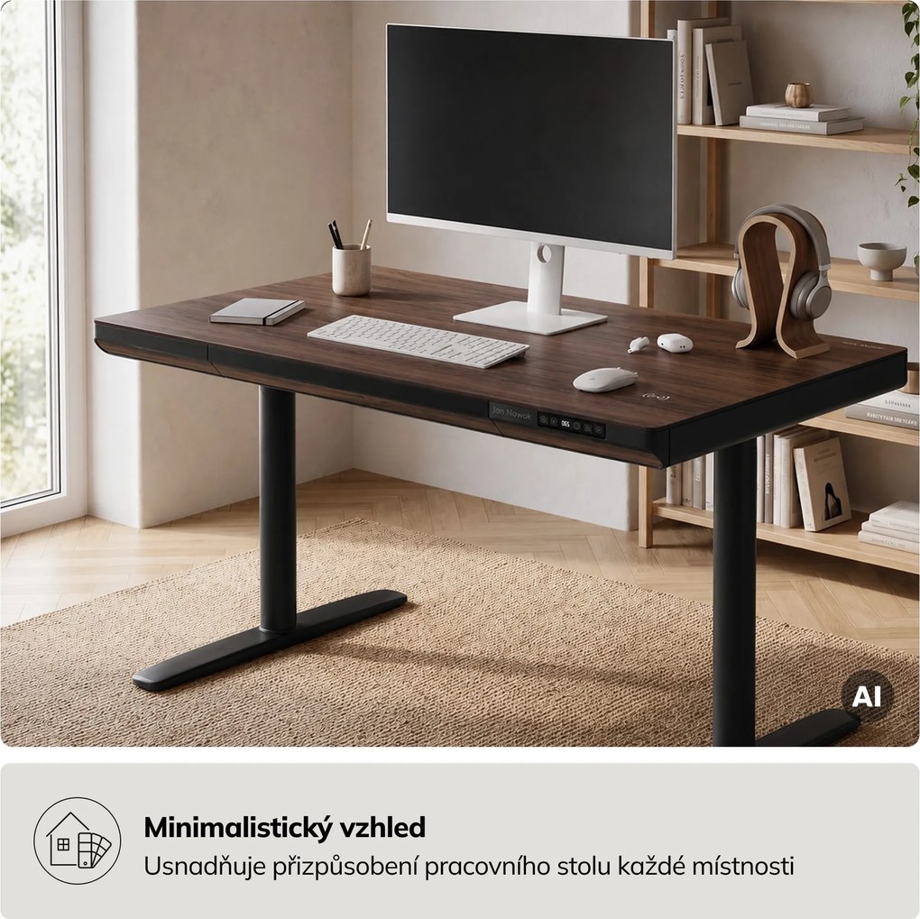 Elektrický psací stůl sit-stand se zásuvkou a bezdrátovou nabíječkou Qi černý/ořech, 1200 mm: ELLIS