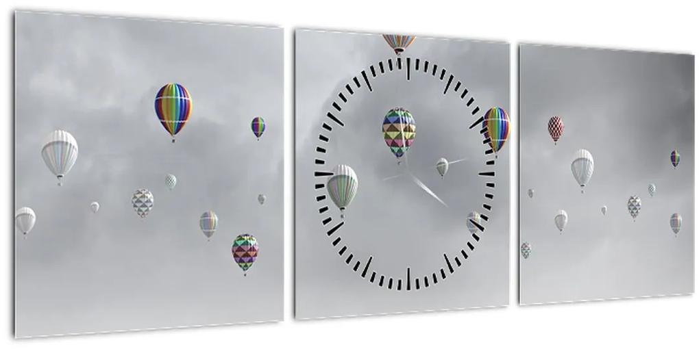 Obraz - Balóny nad cihlovou zdí (s hodinami) (90x30 cm)