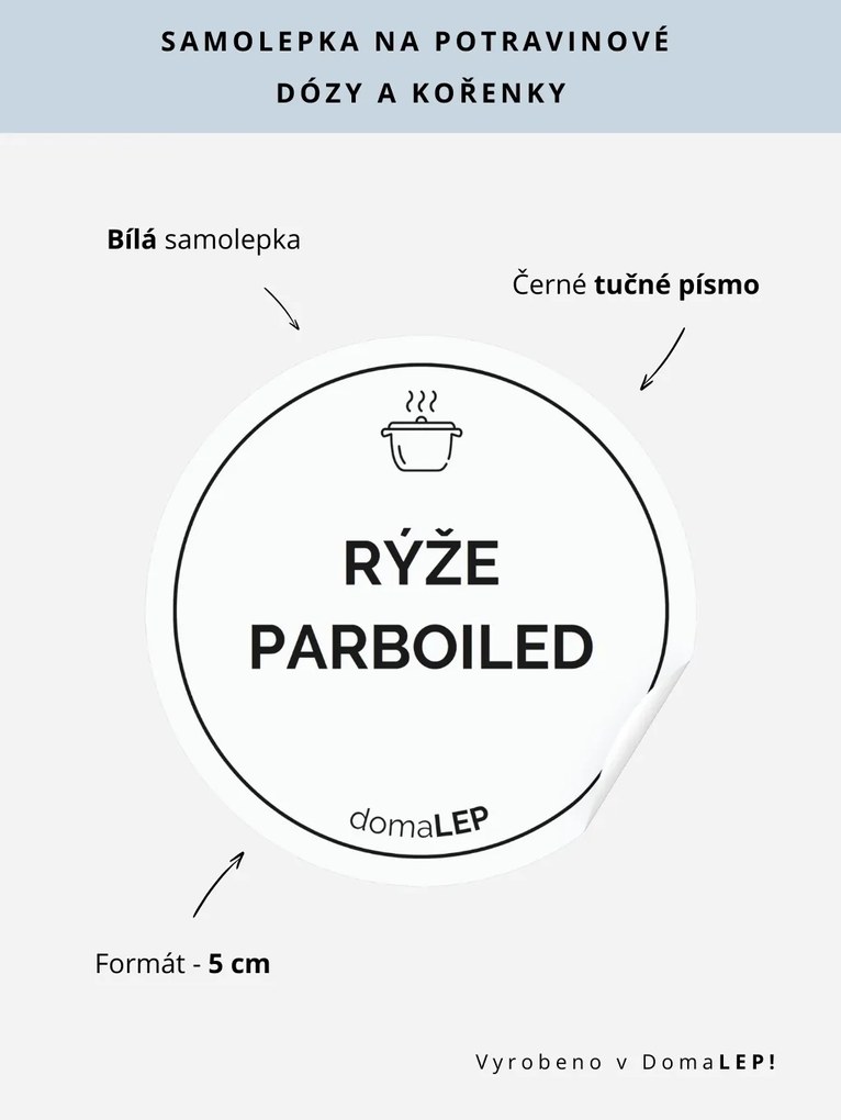 RÝŽE PARBOILED – bílá samolepka na dózu, tučné písmo, 5 cm | DomaLEP