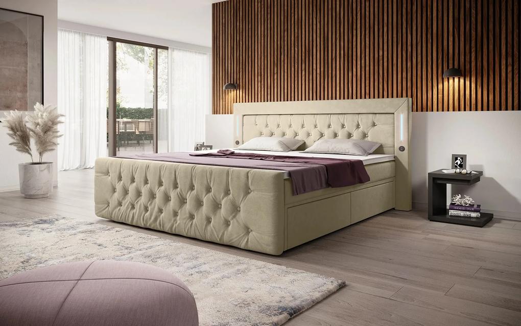 K&M postele Boxspring postel DIVAT s úložným prostorem, LED a USB Velikost postele: 120 × 200 cm, Výběr matrace: Taštičková zónová matrace - měkká (7…