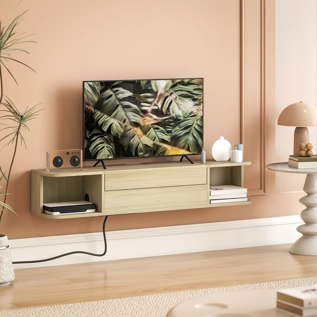 HOMCOM závěsný televizní nábytek, TV stolek pro televizi 127 cm, zásuvka, police, průchodky na kabely, 120x24x22,4 cm, vzhled přírodního dřeva