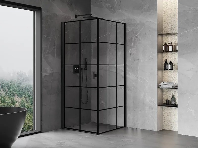Mexen Mist-B, 1-křídlý výklopný sprchový kout, levý, 70 x 70 cm, čiré sklo-černá mřížka, 8A2T-070-070-70-77-L
