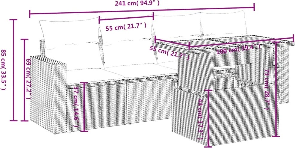 5dílná zahradní sedací souprava s poduškami černá polyratan 3271189