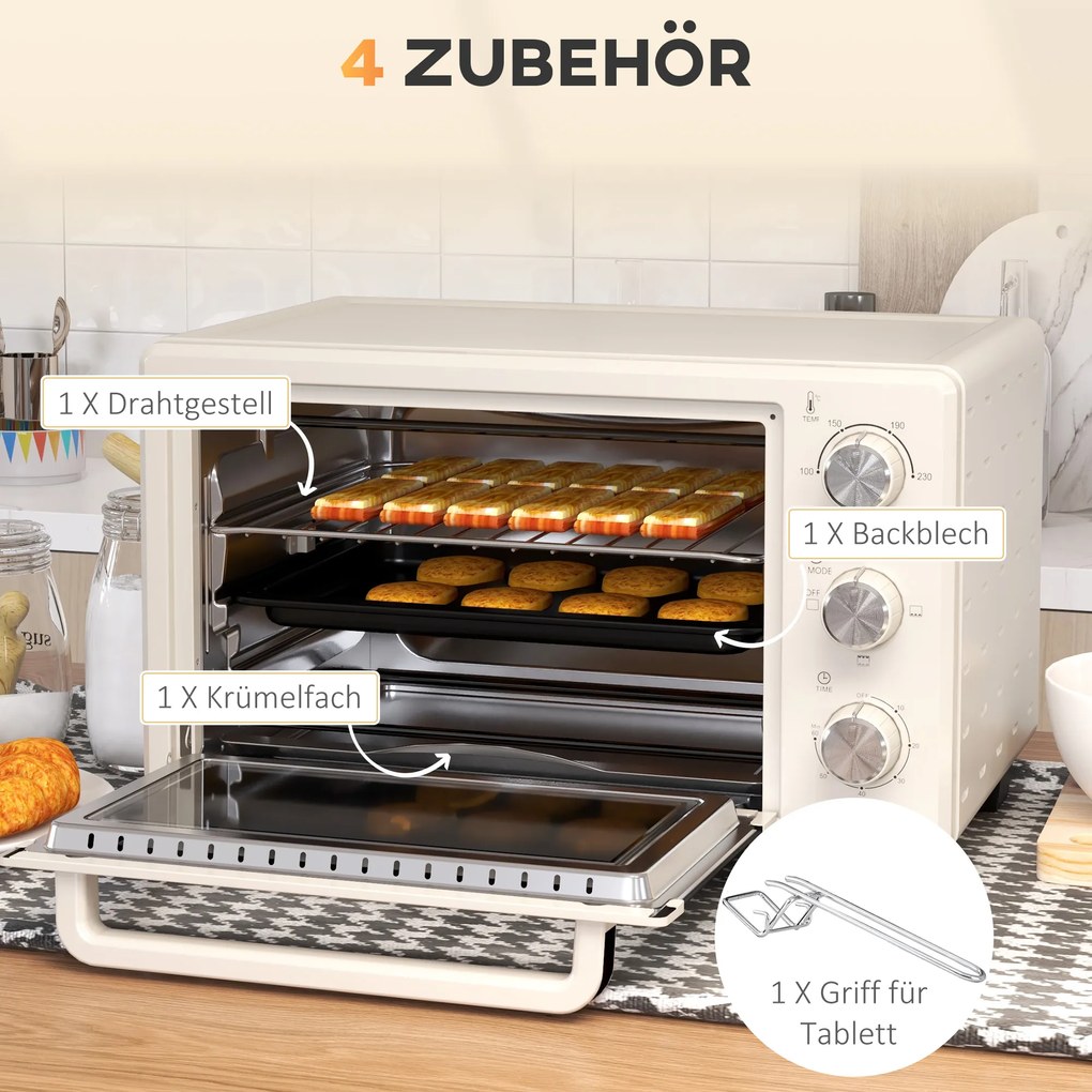 HOMCOM Mini trouba 21L Pizza Mini trouba Plech na pečení Plech na drobky 1400W Pultová trouba 1h Časovač 100-230°C Kovový krém | Aosom