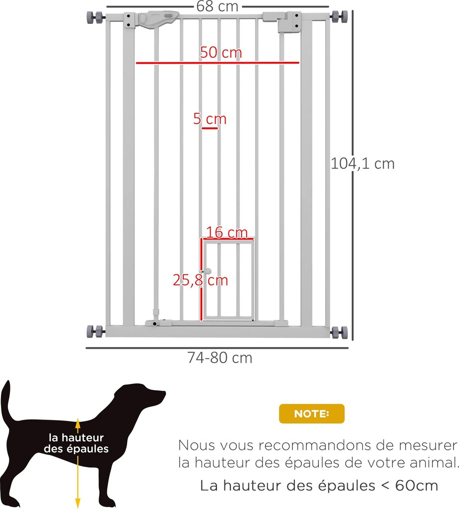 PawHut 104H cm Bezpečnostní brána pro zvířata s automatickými zavíracími dveřmi a systémem dvojitého zamykání bez vrtání od 74 do 80 cm - Bílá ocel |