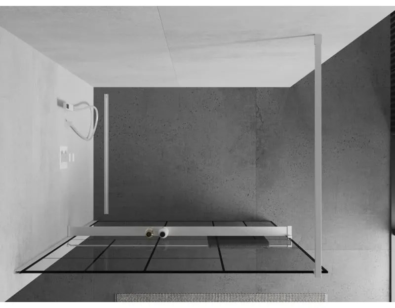 Mexen Kioto+, sprchová zástěna Walk-In s poličkou a věšákem 120 x 200 cm, 8mm čiré sklo černý vzor, bílý profil, 800-120-121-20-78