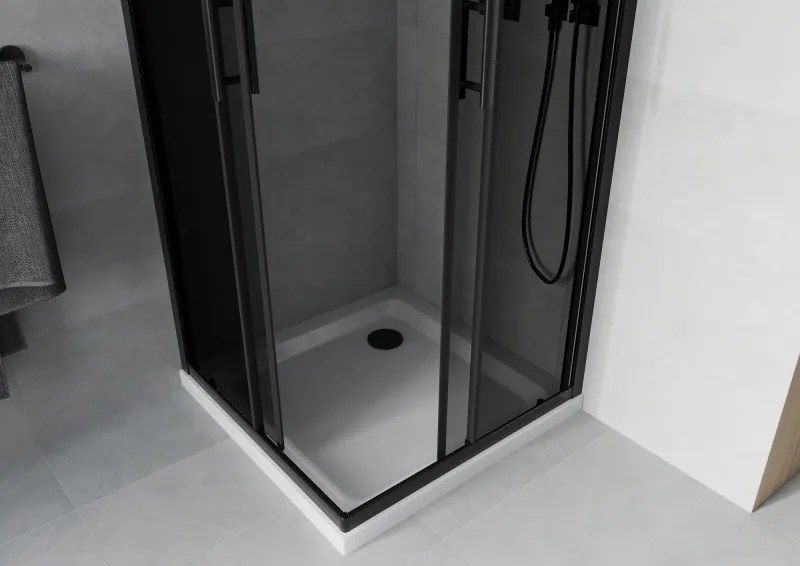 Mexen Rio, čtvercový sprchový kout 80(dveře)x80(dveře)x190 cm, 5mm šedé sklo, černý profil + bílá sprchová vanička SLIM, 860-080-080-70-40