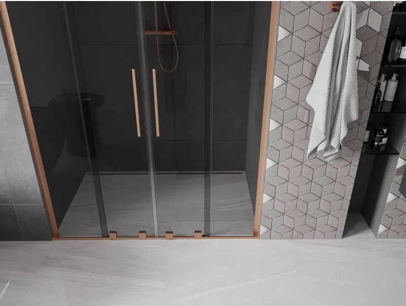 Mexen Velar L Duo, posuvné sprchové dveře do otvoru 150 cm, 8mm šedé sklo, měděná matná, 871-150-003-42-65