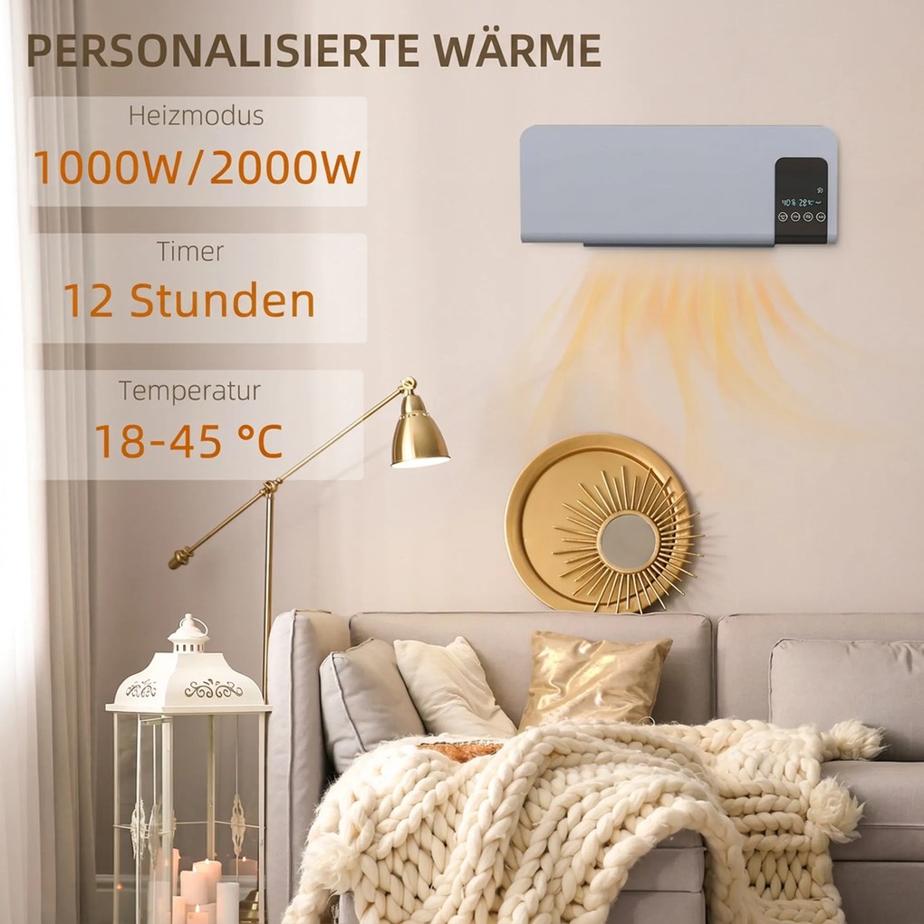 HOMCOM Elektrické topení, nástěnná montáž, oscilační funkce, 2 režimy, časovač, LED displej, šedá