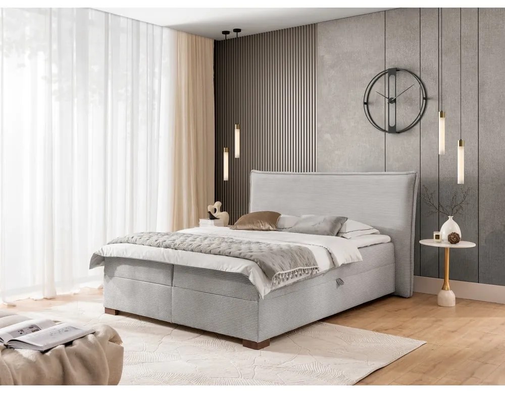 Světle šedá boxspring postel s úložným prostorem 200x200 cm Lysa – Ropez