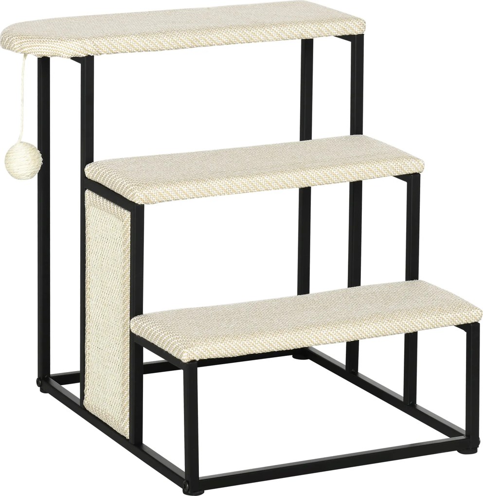 PawHut 3-podlažní schody pro domácí mazlíčky se 3 schody, závěsným míčkem a škrabací deskou, ocelový rám 47x45x47 cm Krémová a černá | Aosom