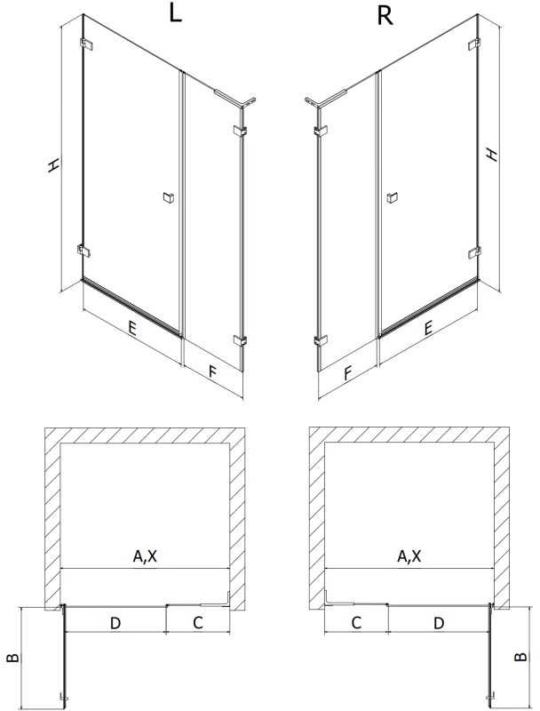 Mexen Lunar-B, L výklopné pravé sprchové dveře 145 cm, 8mm čiré sklo, broušený grafit profil, 832SL-145-050-66-00-P