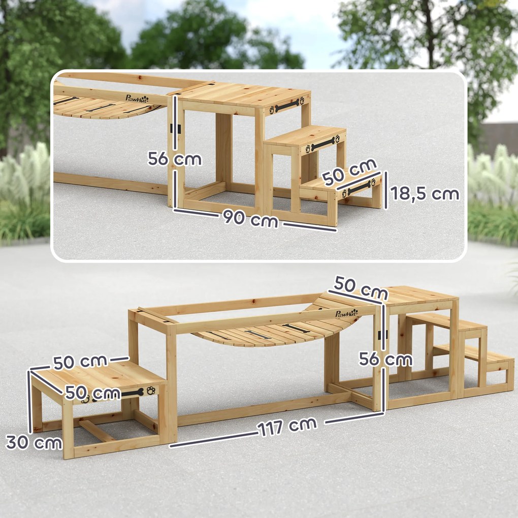 PawHut Agility set pro psy, konstrukce pro výcvik psů s mostem, schody, plošina, jedlové dřevo, pro velké psy do 40 kg
