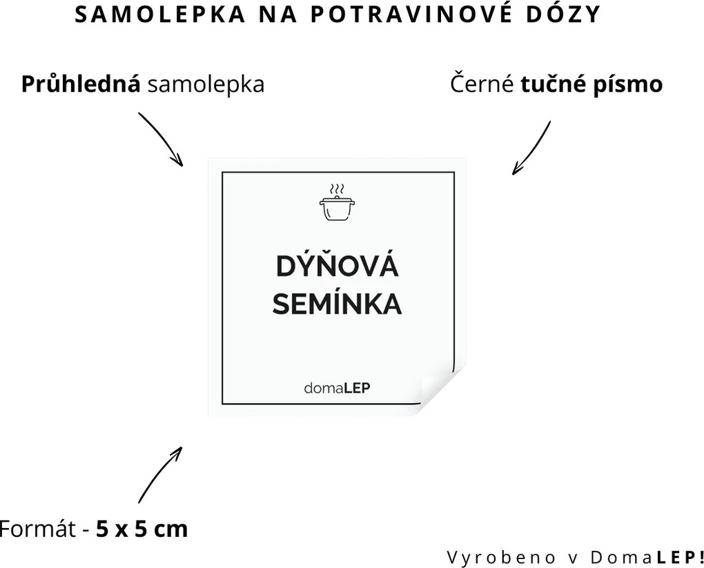 DÝŇOVÁ SEMÍNKA - omyvatelná samolepka na dózu, výběr rozměrů Ø 5 cm / 5 x 5 cm / 6 x 8 cm | DomaLEP tvar: ČTVEREC, barva: PRŮHLEDNÁ - ČERNÉ písmo, velikost: š. 5 cm x v. 5 cm - základní písmo