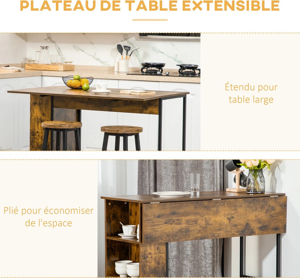HOMCOM Barový Stůl se Skladem Bistro Stůl Centrální Ostrov Skládací Boční Deska a 3 Polic - 120 x 76 x 91,4 cm Rustikální Hnědá