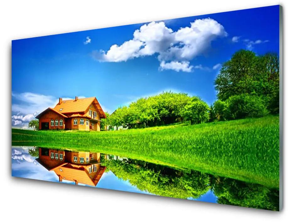 akrylový obraz Dům Jezero Tráva Příroda 125x50 cm