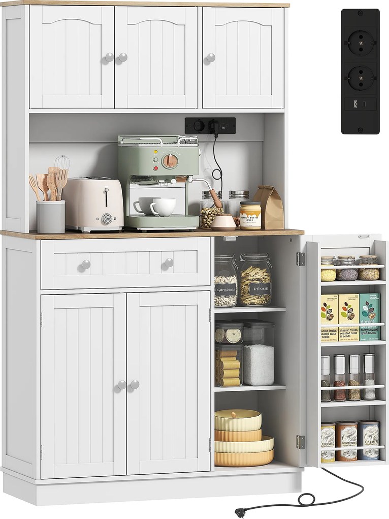 HOMCOM vysoký kuchyňský buffet, kuchyňská skříňka, nabíjecí stanice, 6 dveří, pracovní deska, držák na koření, 100x40x173 cm, bílá