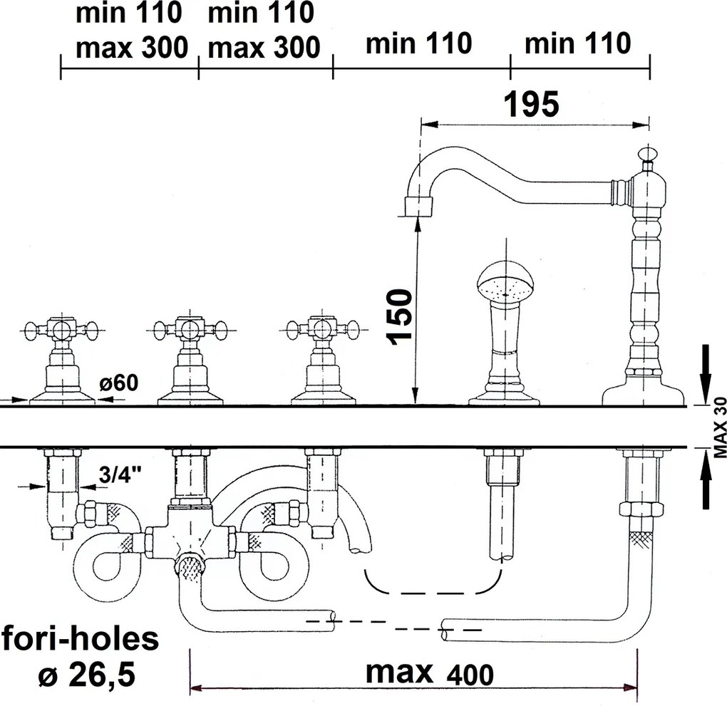 Reitano Rubinetteria ANTEA pětiprvková baterie na okraj vany s retro hubicí, chrom/zlato 3882