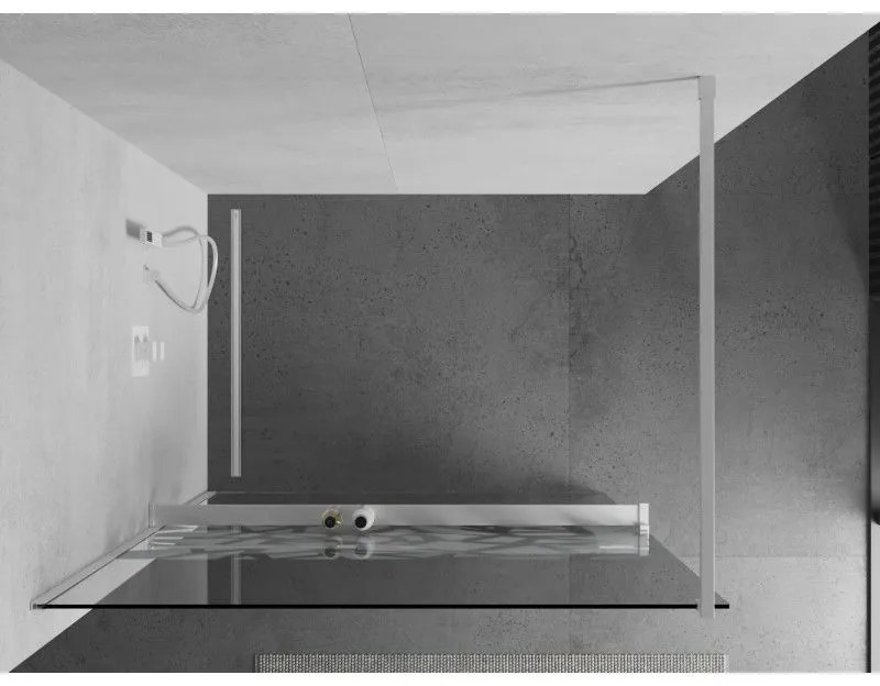 Mexen Kioto+, sprchová zástěna Walk-In s poličkou a věšákem 130 x 200 cm, 8mm čiré sklo bílý vzor, bílý profil, 800-130-121-20-85