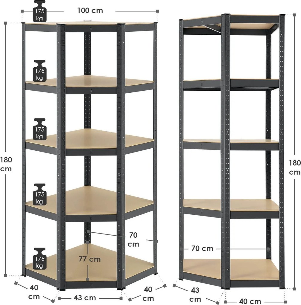 Juskys Rohový kovový regál Corner Basic 180 × 70 × 40 cm Barva: šedá