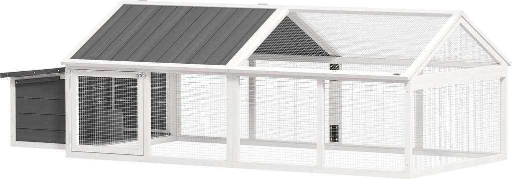 PawHut Dřevěný Kurník 240x112,5x76 cm s Otevírací Střechou, Zámky a Hnízdní Krabicí pro Slepičky, Králíky, Kachny – Bílá a Šedá | Aosom